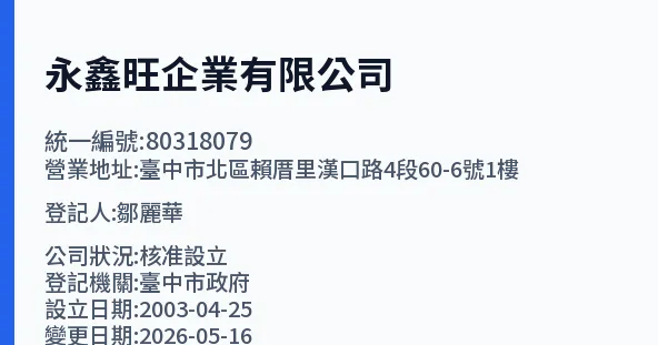 永鑫旺企業有限公司的照片-統編 80318079(臺中市) 公司登記資料與營業項目詳細圖表
