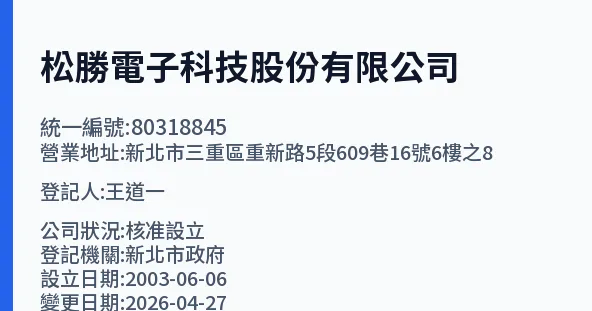 松勝電子科技股份有限公司的照片-統編 80318845(新北市) 公司登記資料與營業項目詳細圖表