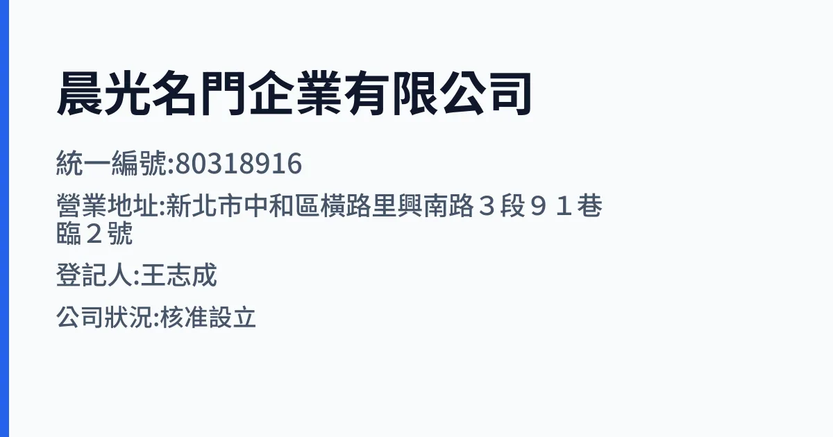 晨光名門企業有限公司 - 統編 80318916(新北市) 公司登記資料與營業項目詳細圖表