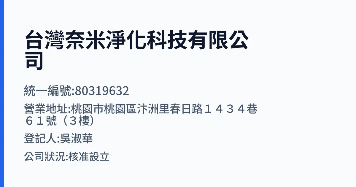 台灣奈米淨化科技有限公司 - 統編 80319632(桃園市) 公司登記資料與營業項目詳細圖表