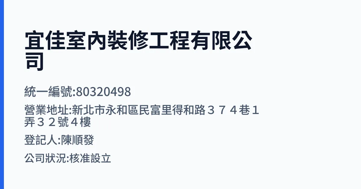 宜佳室內裝修工程有限公司 - 統編 80320498(新北市) 公司登記資料與營業項目詳細圖表