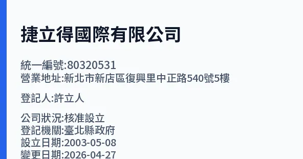 捷立得國際有限公司的照片-統編 80320531(新北市) 公司登記資料與營業項目詳細圖表