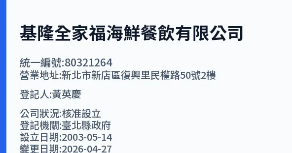 基隆全家福海鮮餐飲有限公司的照片-統編 80321264(新北市) 公司登記資料與營業項目詳細圖表