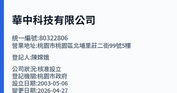 華中科技有限公司的照片-統編 80322806(桃園市) 公司登記資料與營業項目詳細圖表