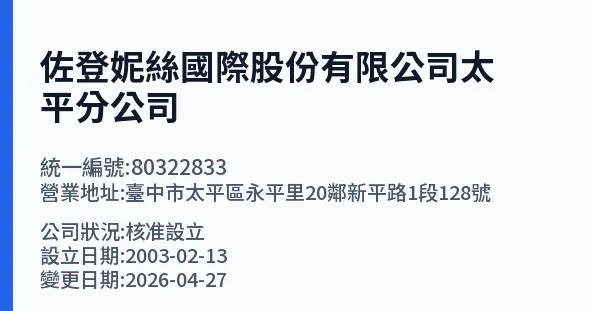 佐登妮絲國際股份有限公司太平分公司的照片-統編 80322833(臺中市) 公司登記資料與營業項目詳細圖表