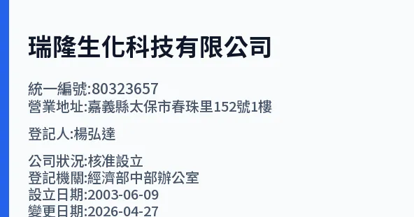 瑞隆生化科技有限公司的照片-統編 80323657(嘉義縣) 公司登記資料與營業項目詳細圖表