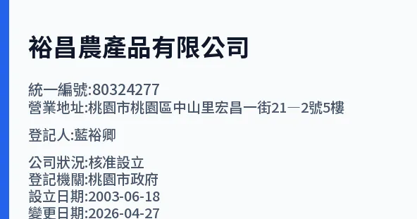 裕昌農產品有限公司的照片-統編 80324277(桃園市) 公司登記資料與營業項目詳細圖表