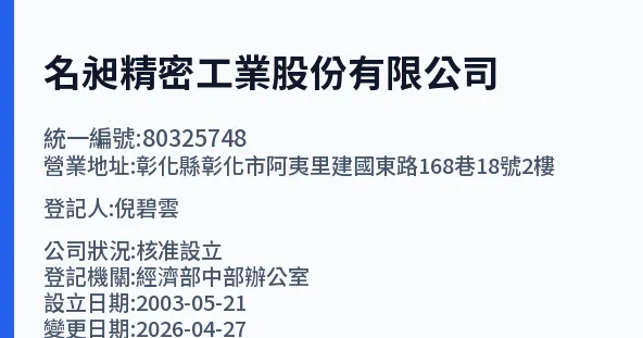 名昶精密工業股份有限公司的照片-統編 80325748(彰化縣) 公司登記資料與營業項目詳細圖表