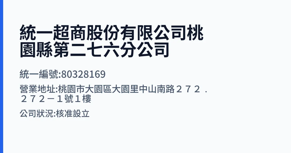 統一超商股份有限公司桃園縣第二七六分公司 - 統編 80328169(桃園市) 公司登記資料與營業項目詳細圖表