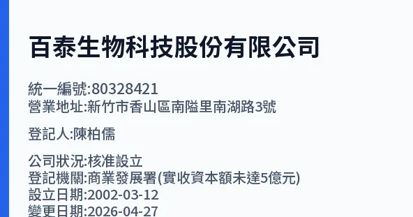 百泰生物科技股份有限公司的照片-統編 80328421(新竹市) 公司登記資料與營業項目詳細圖表