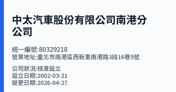 中太汽車股份有限公司南港分公司的照片-統編 80329218(臺北市) 公司登記資料與營業項目詳細圖表