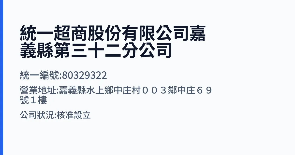 統一超商股份有限公司嘉義縣第三十二分公司 - 統編 80329322(嘉義縣) 公司登記資料與營業項目詳細圖表