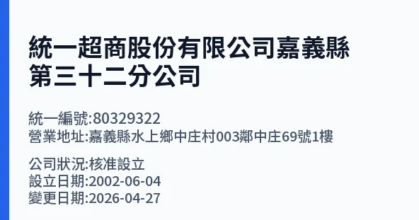 統一超商股份有限公司嘉義縣第三十二分公司的照片-統編 80329322(嘉義縣) 公司登記資料與營業項目詳細圖表