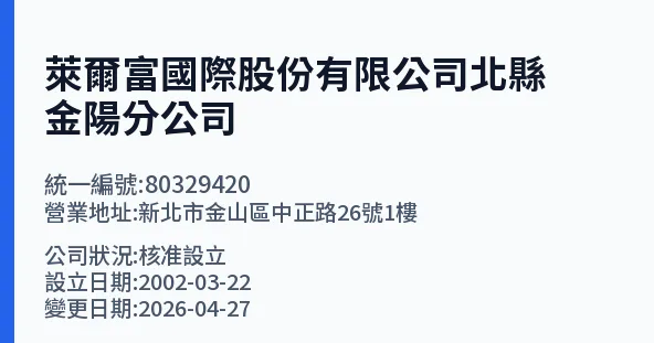 萊爾富國際股份有限公司北縣金陽分公司的照片-統編 80329420(新北市) 公司登記資料與營業項目詳細圖表