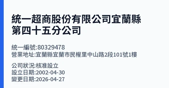 統一超商股份有限公司宜蘭縣第四十五分公司的照片-統編 80329478(宜蘭縣) 公司登記資料與營業項目詳細圖表