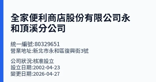 全家便利商店股份有限公司永和頂溪分公司的照片-統編 80329651(新北市) 公司登記資料與營業項目詳細圖表