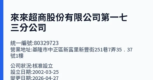 來來超商股份有限公司第一七三分公司的照片-統編 80329723(基隆市) 公司登記資料與營業項目詳細圖表