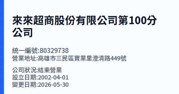 來來超商股份有限公司第100分公司的照片-統編 80329738(高雄市) 公司登記資料與營業項目詳細圖表