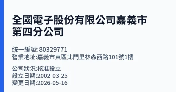 全國電子股份有限公司嘉義市第四分公司的照片-統編 80329771(嘉義市) 公司登記資料與營業項目詳細圖表