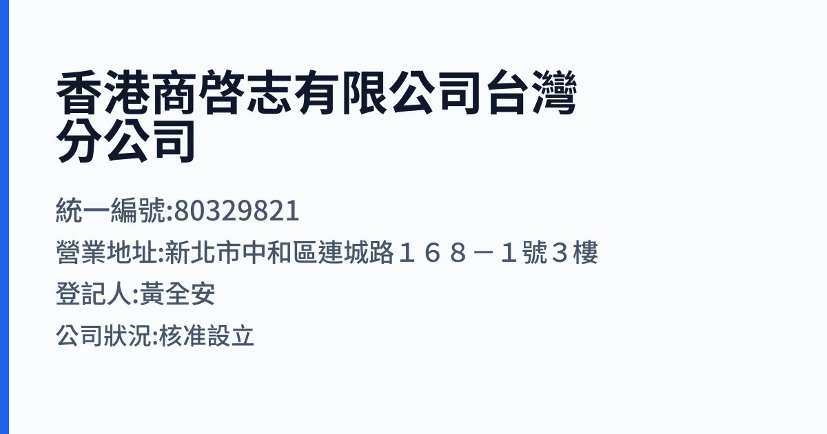 香港商啓志有限公司台灣分公司 - 統編 80329821(新北市) 公司登記資料與營業項目詳細圖表