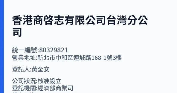香港商啓志有限公司台灣分公司的照片-統編 80329821(新北市) 公司登記資料與營業項目詳細圖表