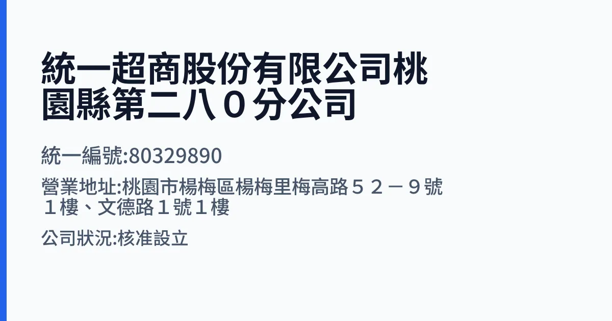 統一超商股份有限公司桃園縣第二八０分公司 - 統編 80329890(桃園市) 公司登記資料與營業項目詳細圖表