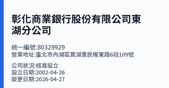 彰化商業銀行股份有限公司東湖分公司的照片-統編 80329929(臺北市) 公司登記資料與營業項目詳細圖表