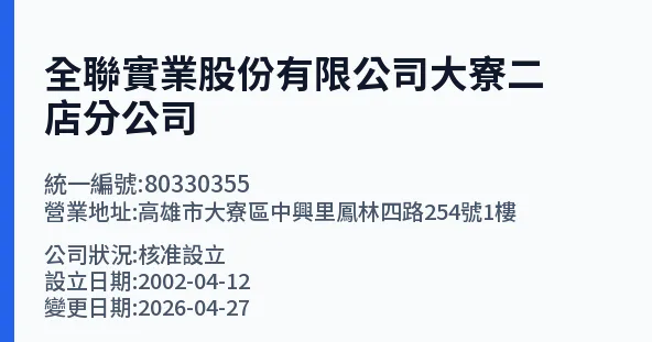 全聯實業股份有限公司大寮二店分公司的照片-統編 80330355(高雄市) 公司登記資料與營業項目詳細圖表