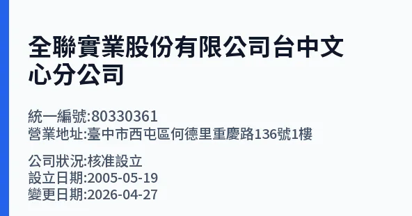 全聯實業股份有限公司台中文心分公司的照片-統編 80330361(臺中市) 公司登記資料與營業項目詳細圖表