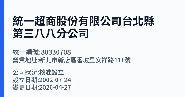 統一超商股份有限公司台北縣第三八八分公司的照片-統編 80330708(新北市) 公司登記資料與營業項目詳細圖表