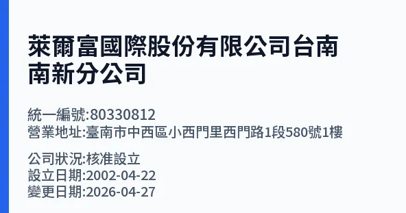 萊爾富國際股份有限公司台南南新分公司的照片-統編 80330812(臺南市) 公司登記資料與營業項目詳細圖表