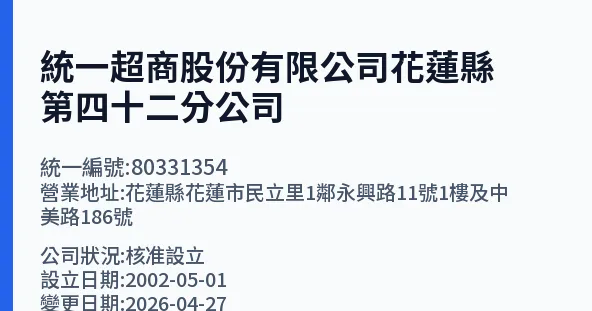 統一超商股份有限公司花蓮縣第四十二分公司的照片-統編 80331354(花蓮縣) 公司登記資料與營業項目詳細圖表