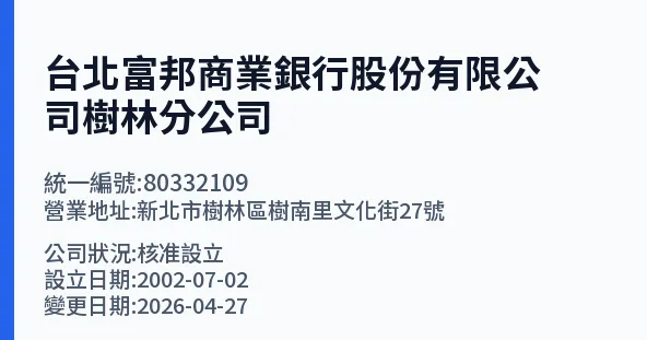 台北富邦商業銀行股份有限公司樹林分公司的照片-統編 80332109(新北市) 公司登記資料與營業項目詳細圖表