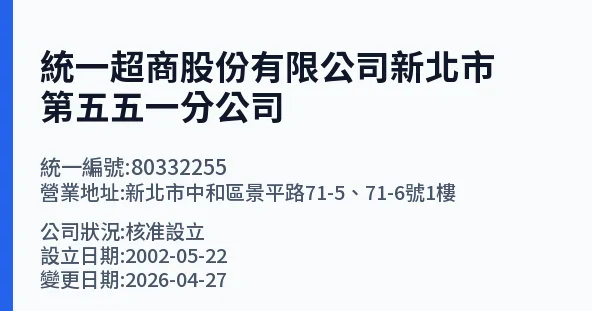 統一超商股份有限公司新北市第五五一分公司的照片-統編 80332255(新北市) 公司登記資料與營業項目詳細圖表