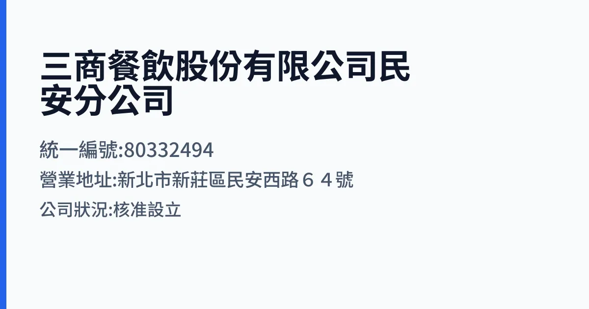 三商餐飲股份有限公司民安分公司 - 統編 80332494(新北市) 公司登記資料與營業項目詳細圖表