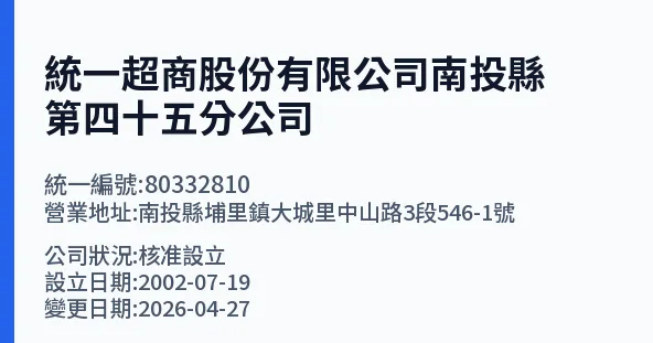 統一超商股份有限公司南投縣第四十五分公司的照片-統編 80332810(南投縣) 公司登記資料與營業項目詳細圖表