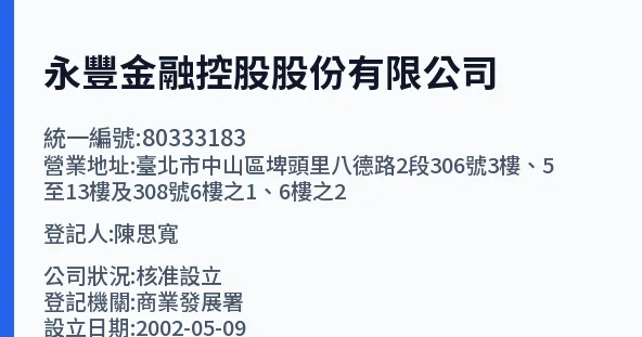 永豐金融控股股份有限公司的照片-統編 80333183(臺北市) 公司登記資料與營業項目詳細圖表