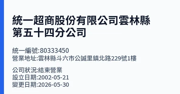 統一超商股份有限公司雲林縣第五十四分公司的照片-統編 80333450(雲林縣) 公司登記資料與營業項目詳細圖表