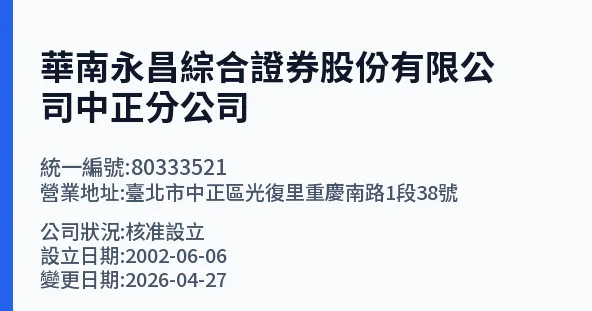 華南永昌綜合證券股份有限公司中正分公司的照片-統編 80333521(臺北市) 公司登記資料與營業項目詳細圖表