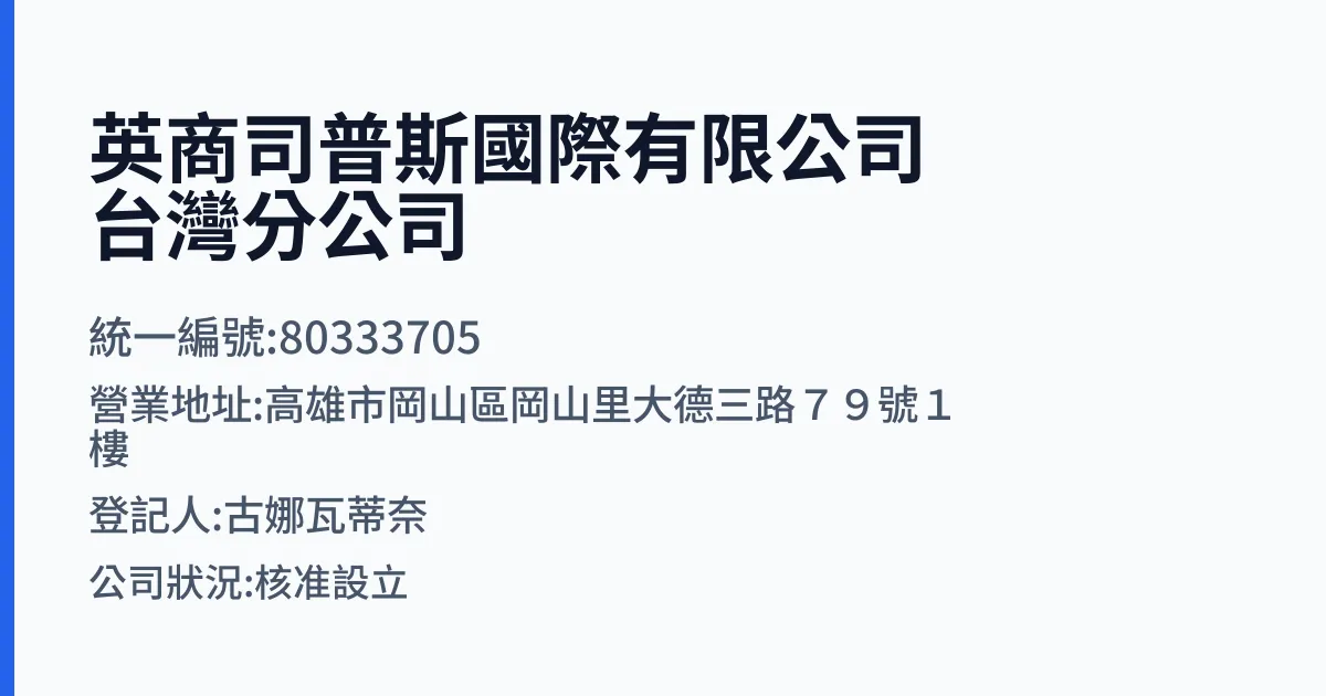 英商司普斯國際有限公司台灣分公司 - 統編 80333705(高雄市) 公司登記資料與營業項目詳細圖表