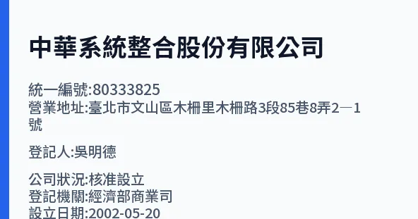 中華系統整合股份有限公司的照片-統編 80333825(臺北市) 公司登記資料與營業項目詳細圖表