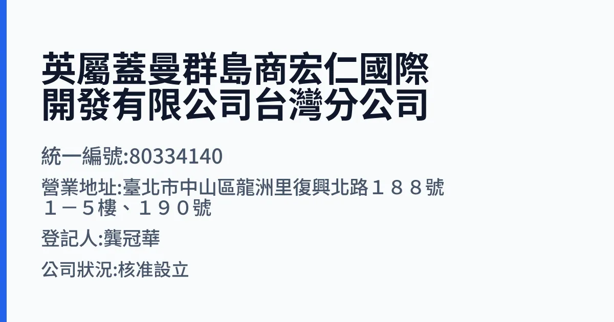 英屬蓋曼群島商宏仁國際開發有限公司台灣分公司 - 統編 80334140(臺北市) 公司登記資料與營業項目詳細圖表