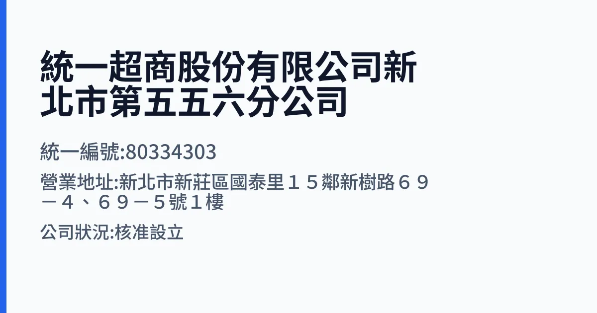 統一超商股份有限公司新北市第五五六分公司 - 統編 80334303（新北市） 公司登記資料與營業項目詳細圖表