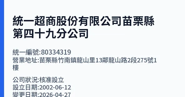 統一超商股份有限公司苗栗縣第四十九分公司的照片-統編 80334319(苗栗縣) 公司登記資料與營業項目詳細圖表