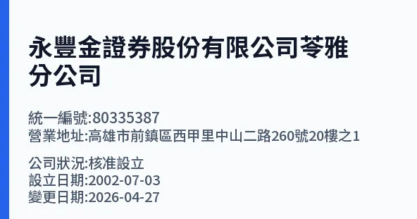 永豐金證券股份有限公司苓雅分公司的照片-統編 80335387(高雄市) 公司登記資料與營業項目詳細圖表