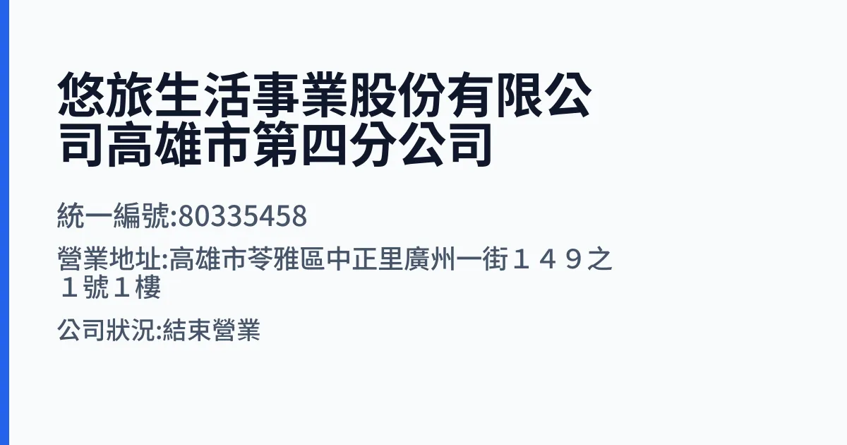 悠旅生活事業股份有限公司高雄市第四分公司 - 統編 80335458(高雄市) 公司登記資料與營業項目詳細圖表