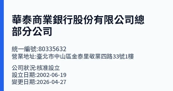 華泰商業銀行股份有限公司總部分公司的照片-統編 80335632(臺北市) 公司登記資料與營業項目詳細圖表
