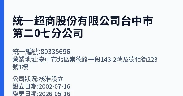 統一超商股份有限公司台中市第二0七分公司的照片-統編 80335696(臺中市) 公司登記資料與營業項目詳細圖表