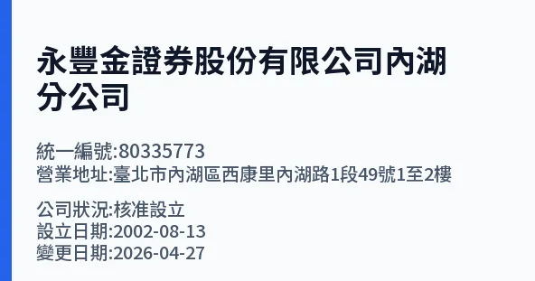 永豐金證券股份有限公司內湖分公司的照片-統編 80335773(臺北市) 公司登記資料與營業項目詳細圖表