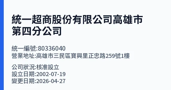 統一超商股份有限公司高雄市第四分公司的照片-統編 80336040(高雄市) 公司登記資料與營業項目詳細圖表